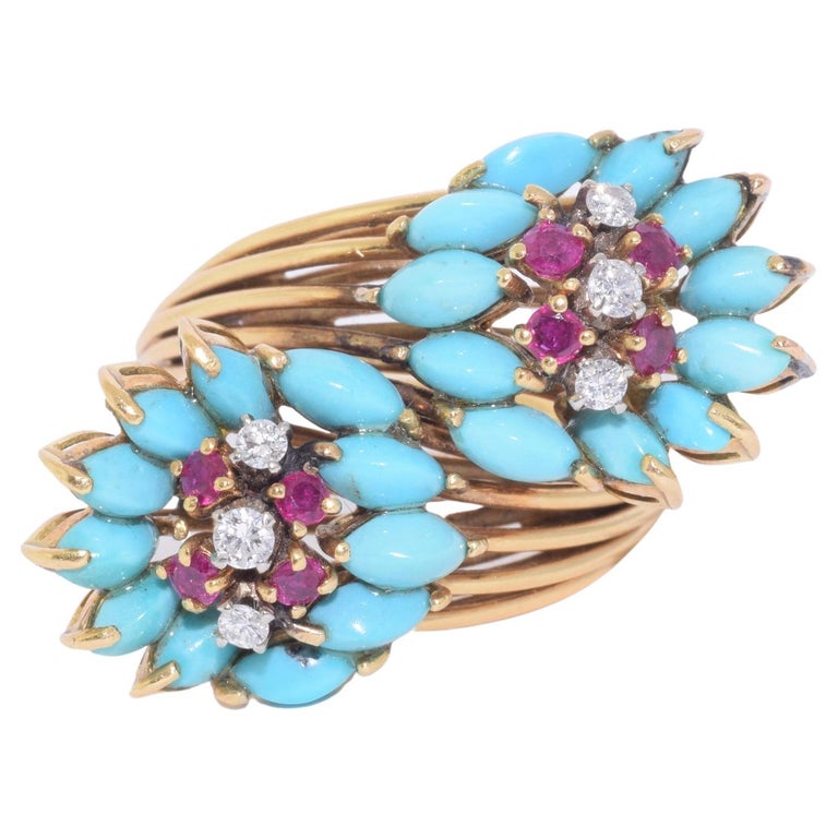 Turquoise, Ruby and Diamond Bypass Ring For Sale at 1stDibs