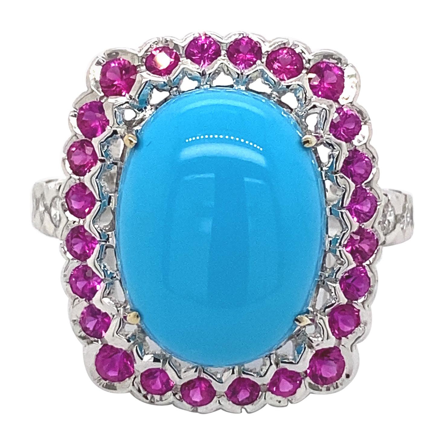 Large Turquoise, Sapphire and Diamond Cluster 18 Carat Gold Ring at 1stDibs