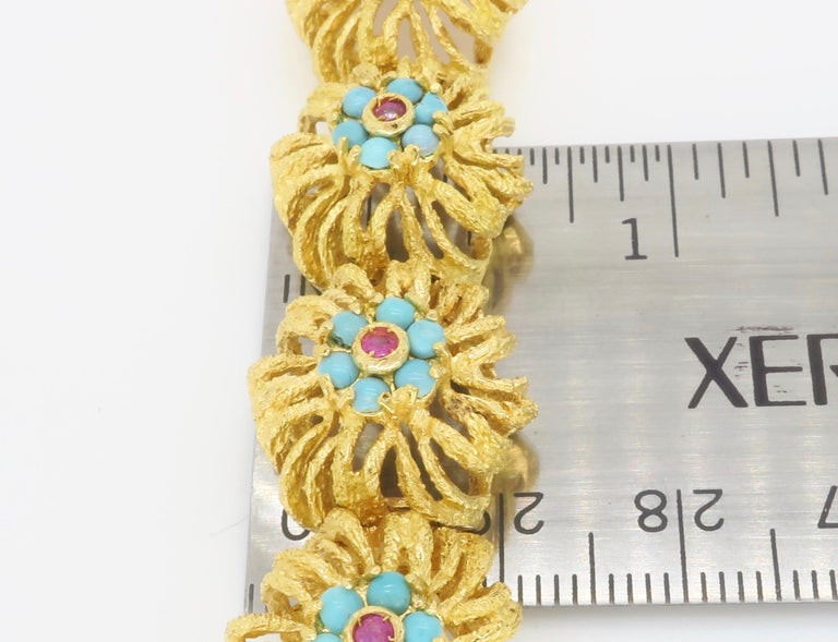 Turquoise and Ruby Floral Design Bracelet in 18k Yellow Gold For Sale ...