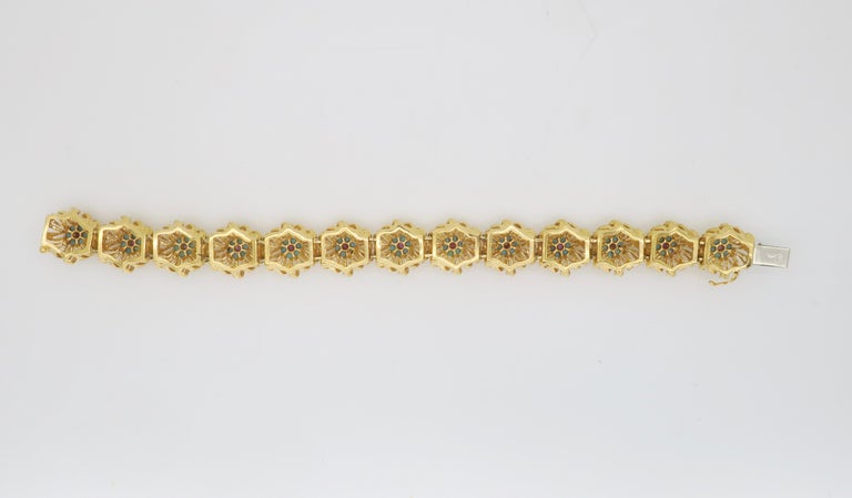 Turquoise and Ruby Floral Design Bracelet in 18k Yellow Gold For Sale ...