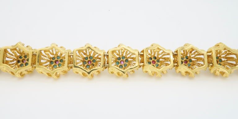Turquoise and Ruby Floral Design Bracelet in 18k Yellow Gold For Sale ...