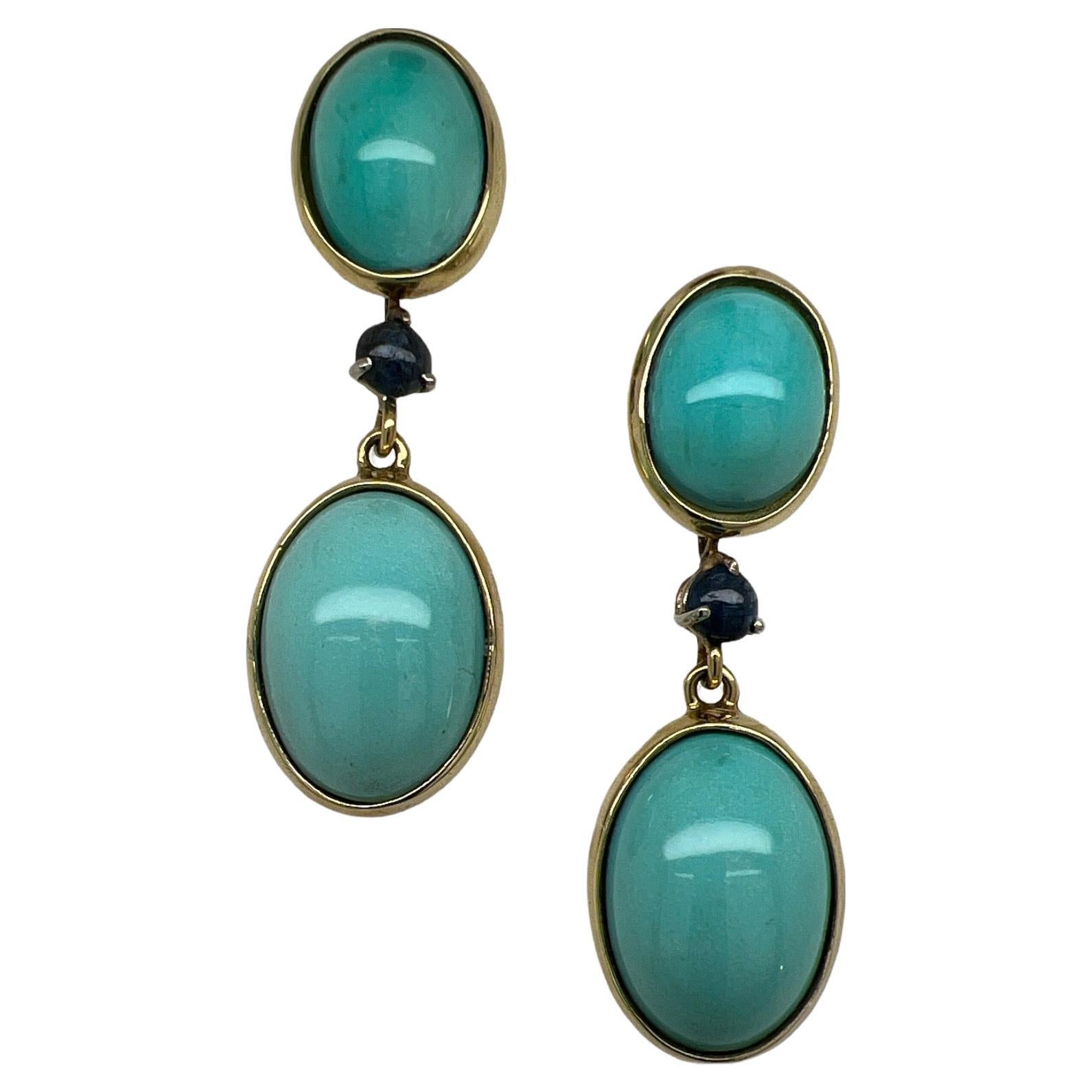 Turquoise Yellow Gold Oval Drop Earrings at 1stDibs