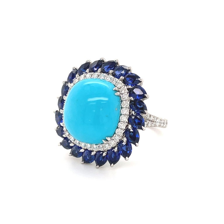 Turquoise Sapphire and Diamond Halo Cocktail Ring Platinum 11.60cttw ...