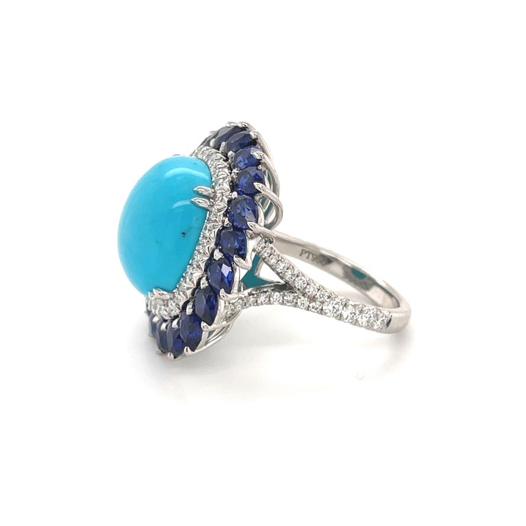 Turquoise Sapphire and Diamond Halo Cocktail Ring Platinum 11.60cttw ...