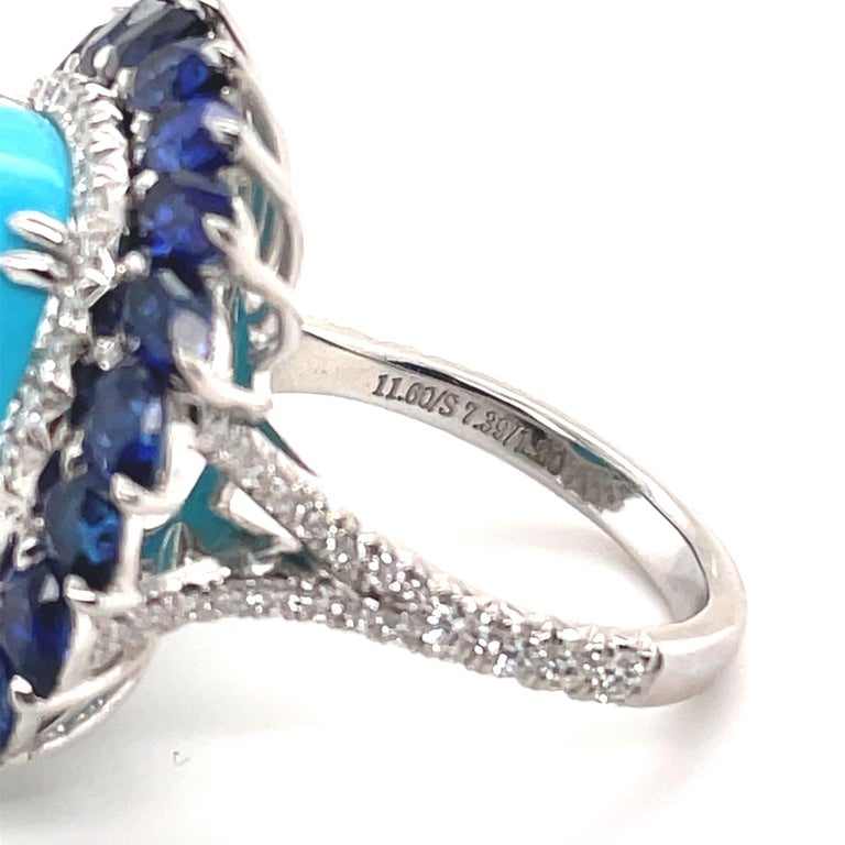 Turquoise Sapphire and Diamond Halo Cocktail Ring Platinum 11.60cttw ...