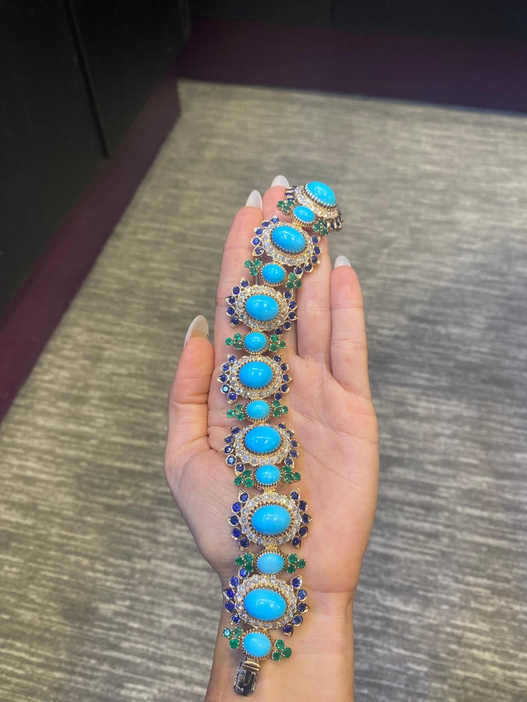 Turquoise Sapphire Emerald and Diamond Bracelet For Sale at 1stDibs