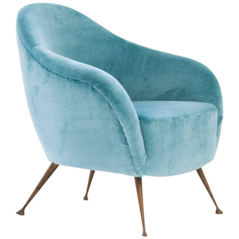 Turquoise Velvet and Brass Legs Lounge Chair, Italy, 1950s at 1stDibs