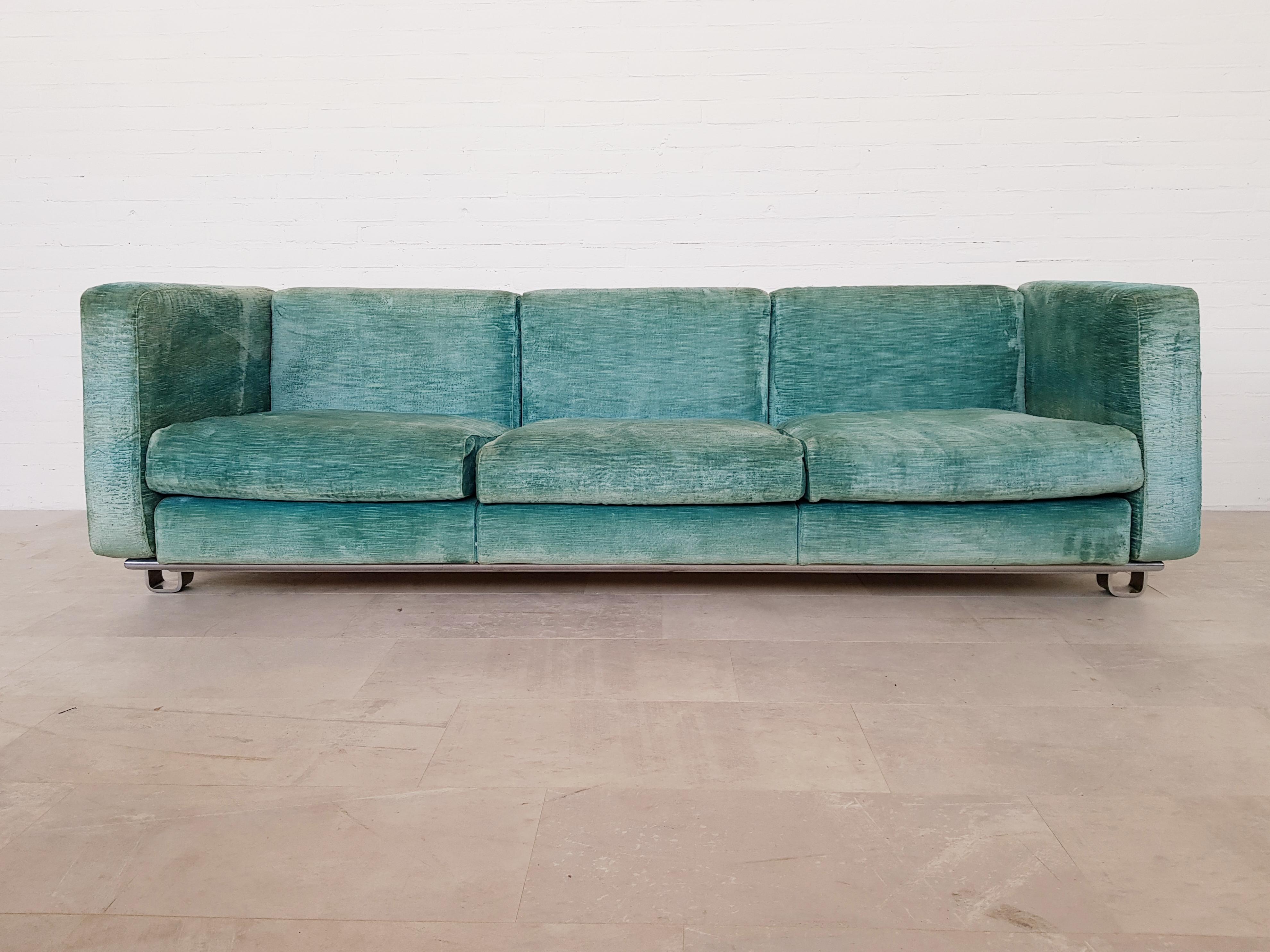 Turquoise Velvet Pair of Couches by Azucena in Chrome Frame at 1stDibs ...