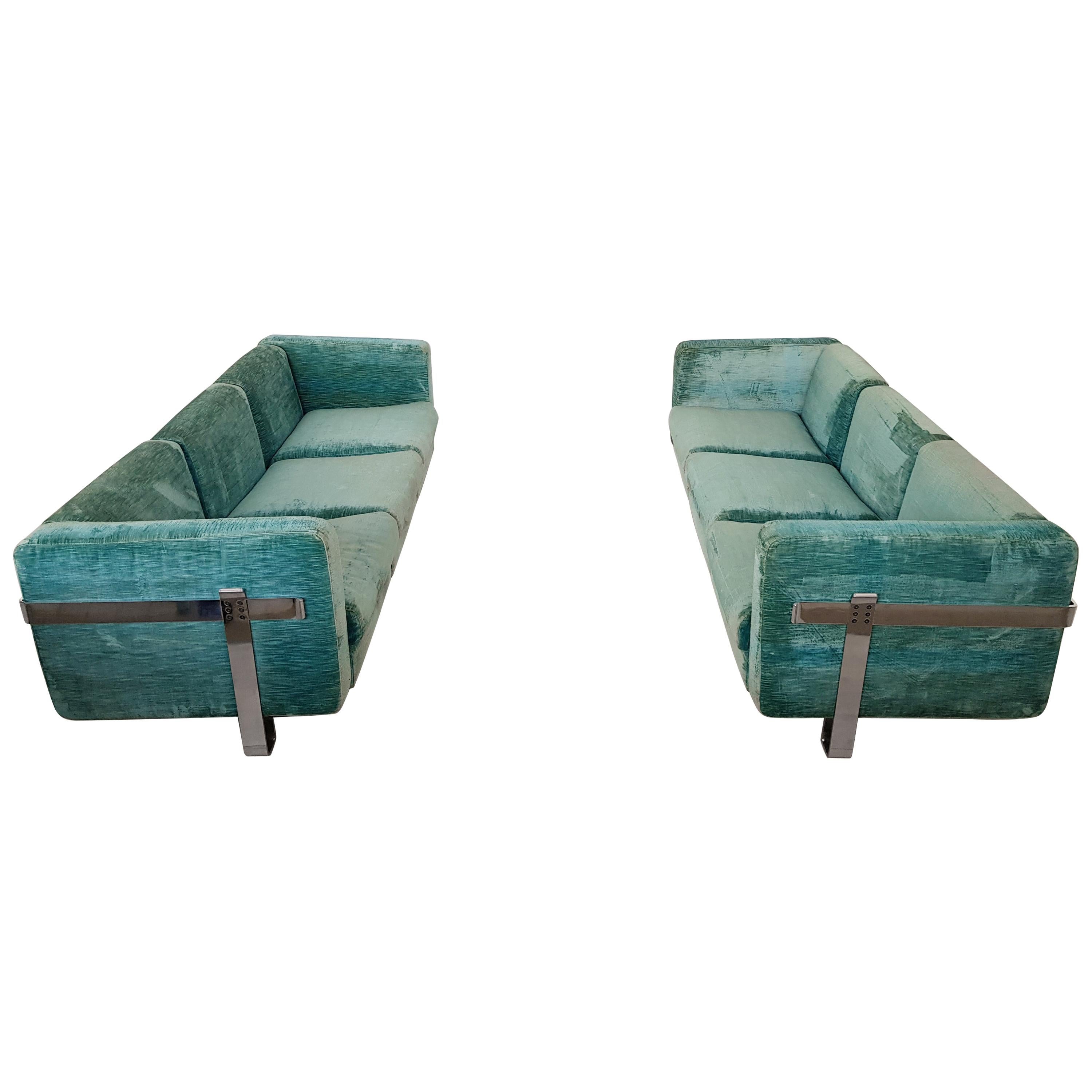 Turquoise Velvet Pair of Couches by Azucena in Chrome Frame at 1stDibs ...