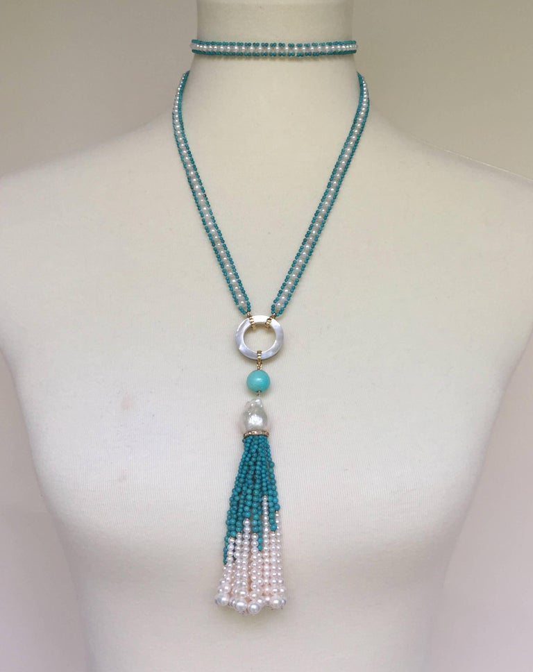 Turquoise White Pearl Tassel Sautoir with Mother of Pearl and 14 Karat ...