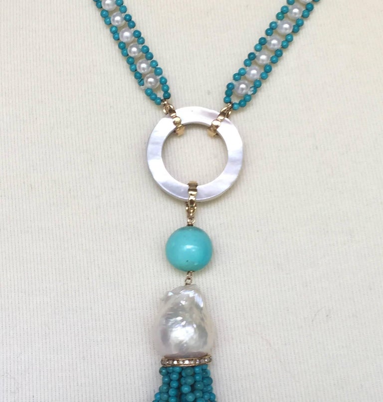 Turquoise White Pearl Tassel Sautoir with Mother of Pearl and 14 Karat ...