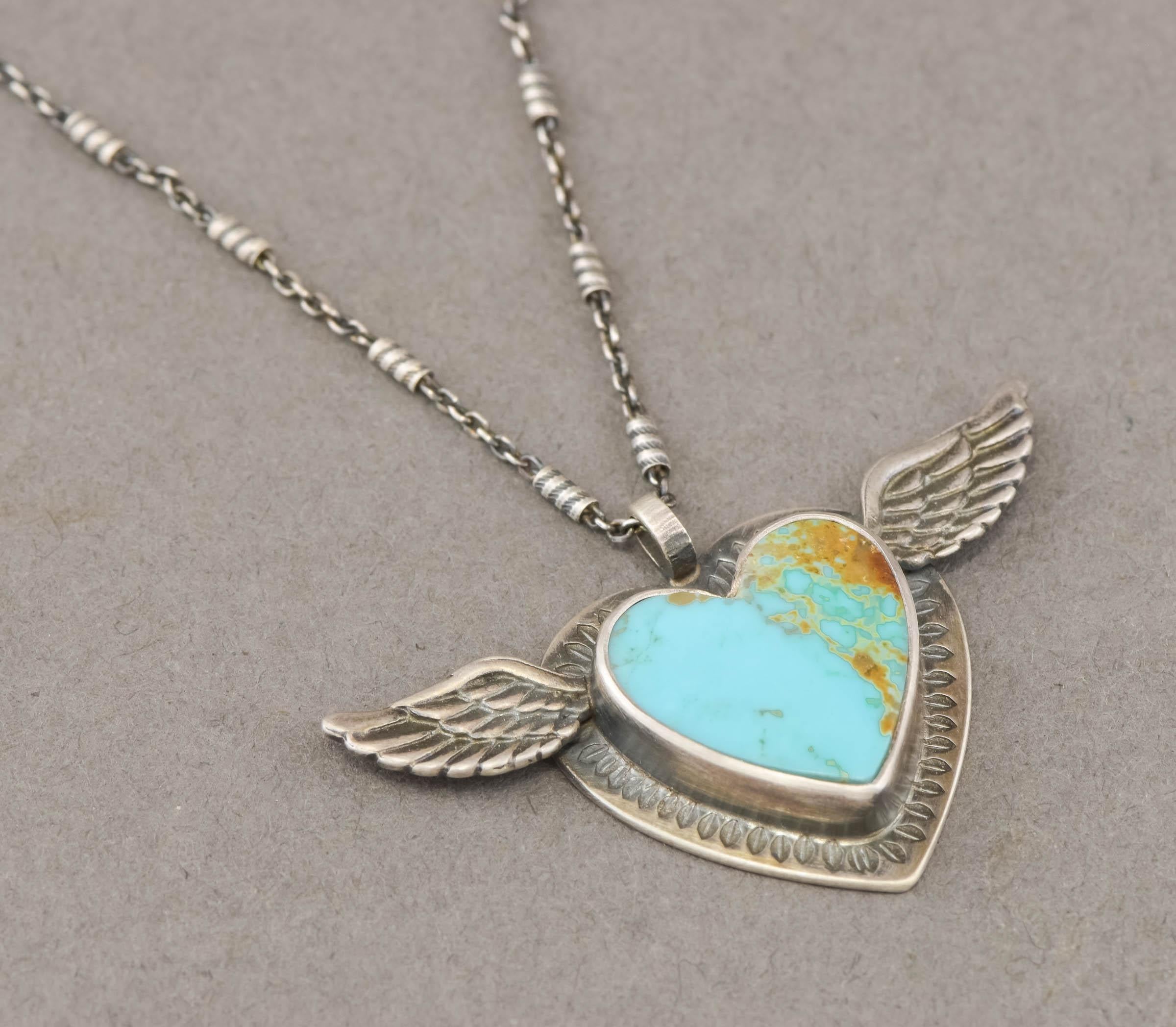 Turquoise Winged Heart Necklace in Sterling Silver For Sale at 1stDibs