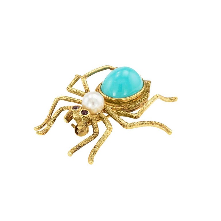 Turquoise Yellow Gold Spider Brooch For Sale at 1stDibs