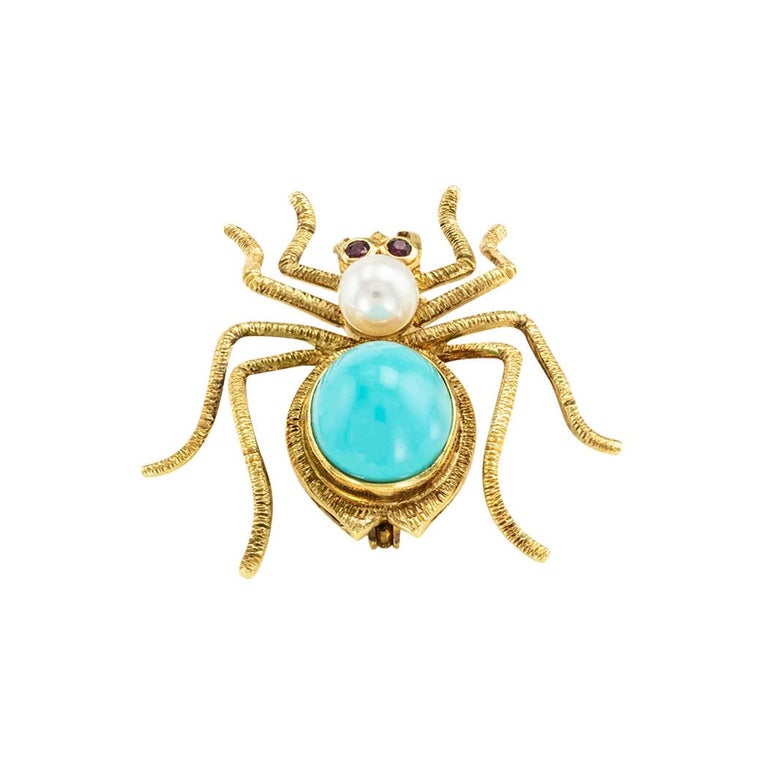 Turquoise Yellow Gold Spider Brooch For Sale at 1stDibs