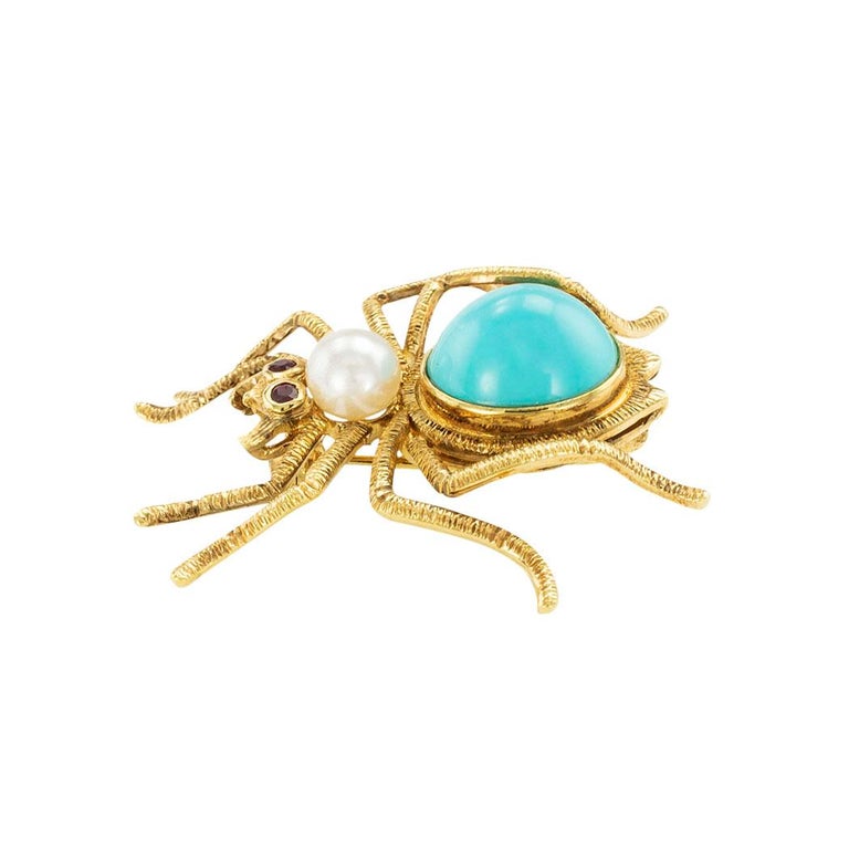 Turquoise Yellow Gold Spider Brooch For Sale at 1stDibs