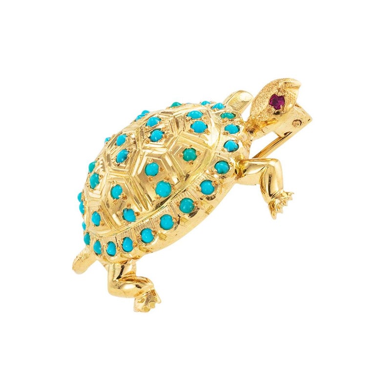 Turquoise Yellow Gold Turtle Brooch For Sale at 1stDibs