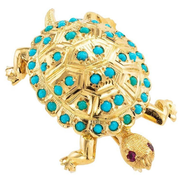 Turquoise Yellow Gold Turtle Brooch For Sale at 1stDibs