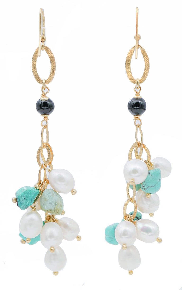 Turquoise, Pearls, Onyx, Dangle Earrings. For Sale at 1stDibs