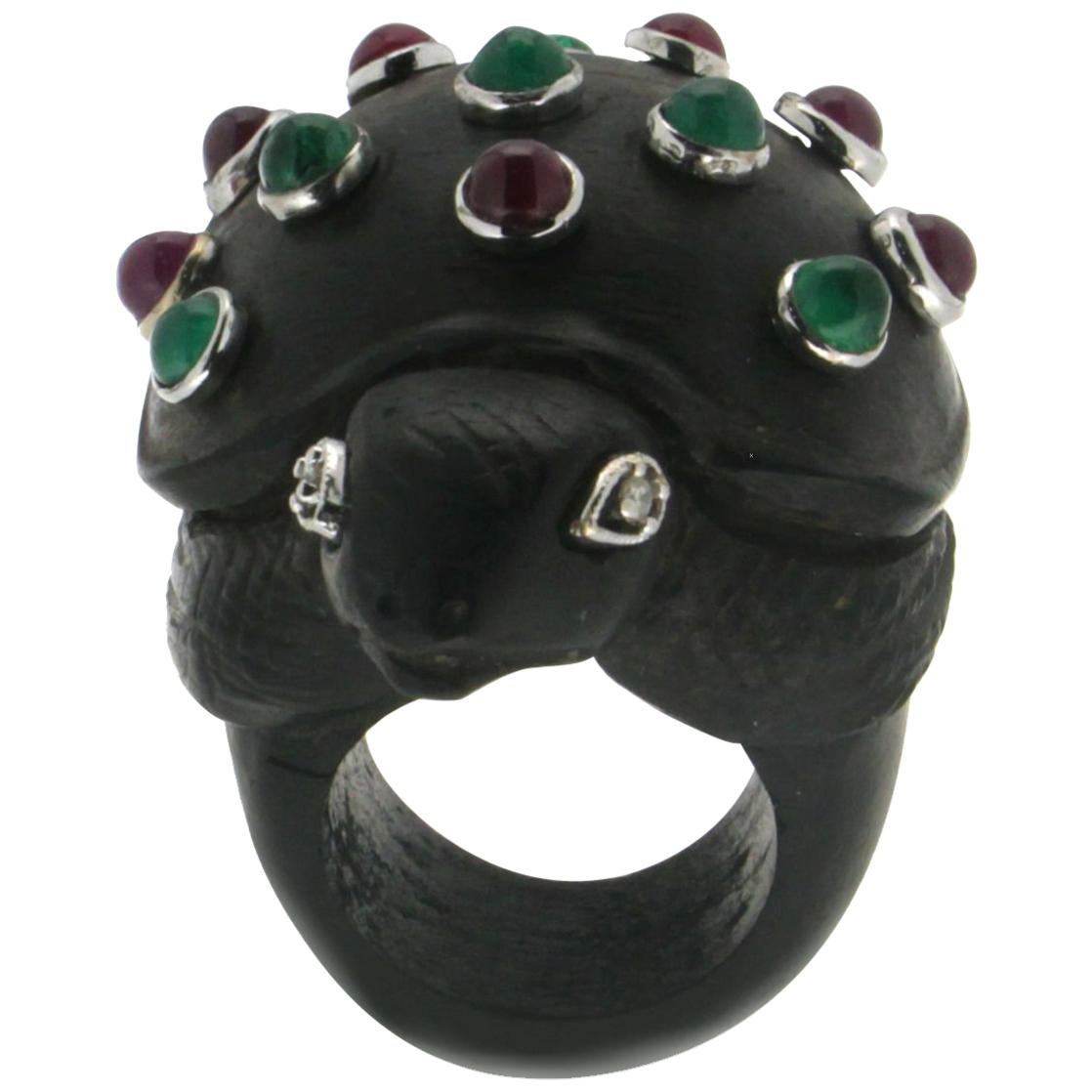 Turtle Ebony 18 Karat White Gold Diamonds Ruby and Emerald Cocktail ...