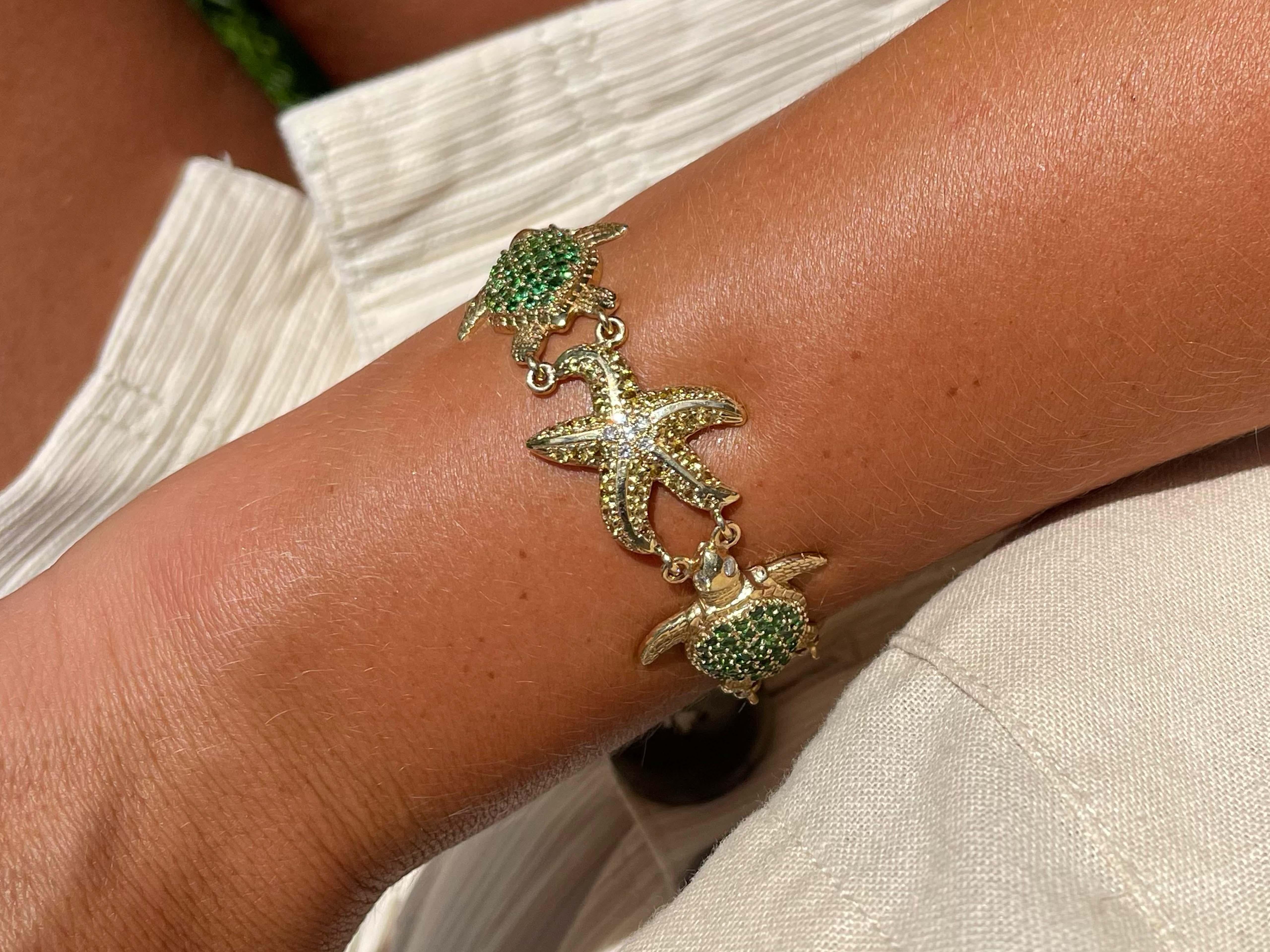 Turtle Starfish Seashell Crab Gemstone Bracelet in 14k Yellow Gold at ...