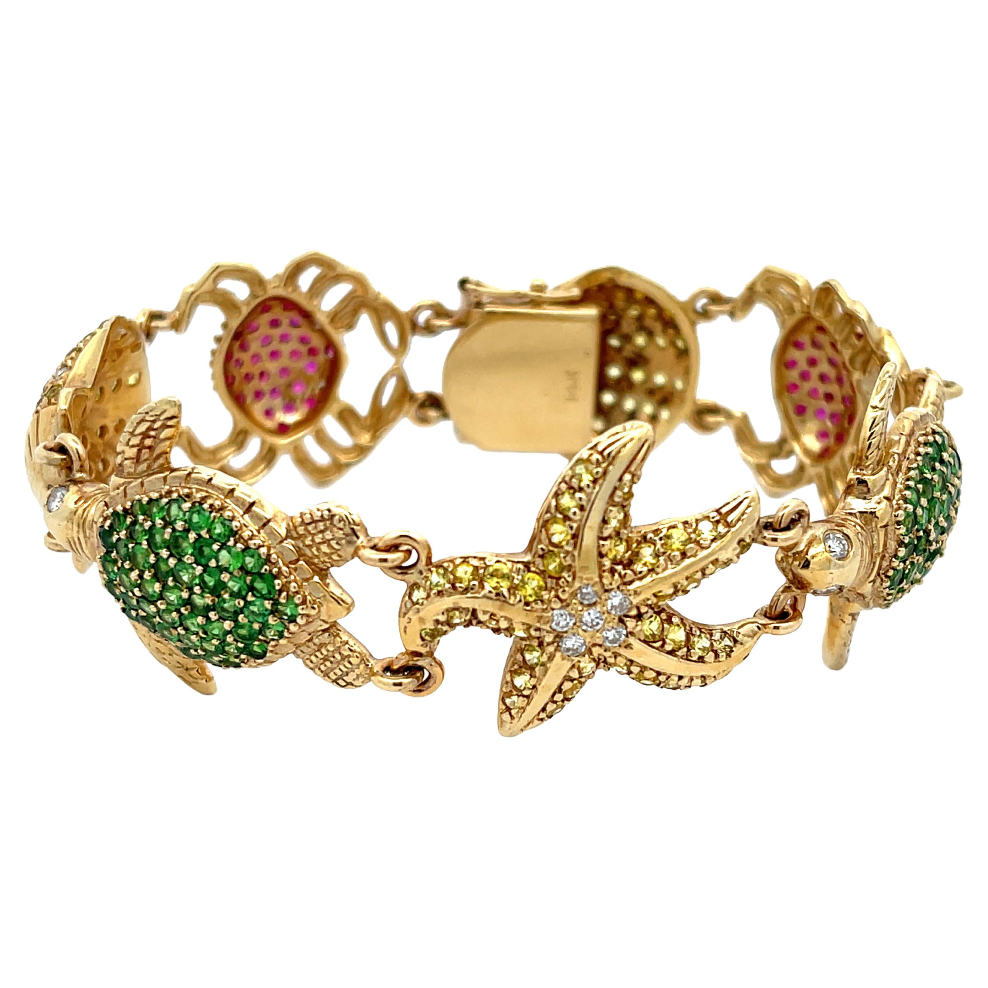 Turtle Starfish Seashell Crab Gemstone Bracelet in 14k Yellow Gold at ...