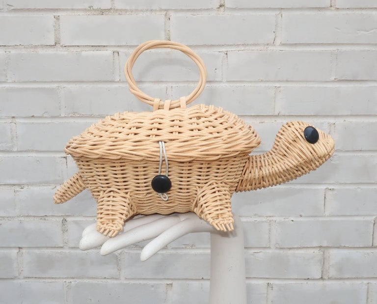 Turtle Wicker Basket Novelty Handbag, 1960's at 1stDibs