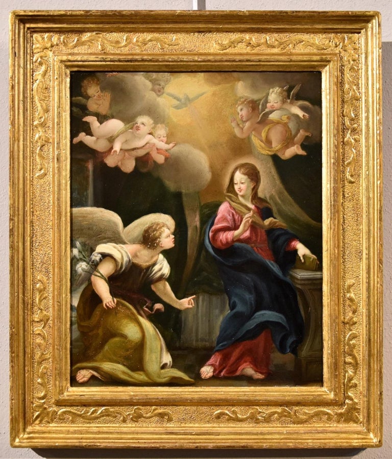 Annunciation Florence 17th Century Paint Oil on copper Old master Leonardo Art For Sale at 1stDibs