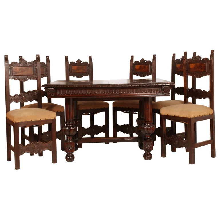 Tuscany 19th Century Renaissance Table with Six Chairs, Hand-Carved ...
