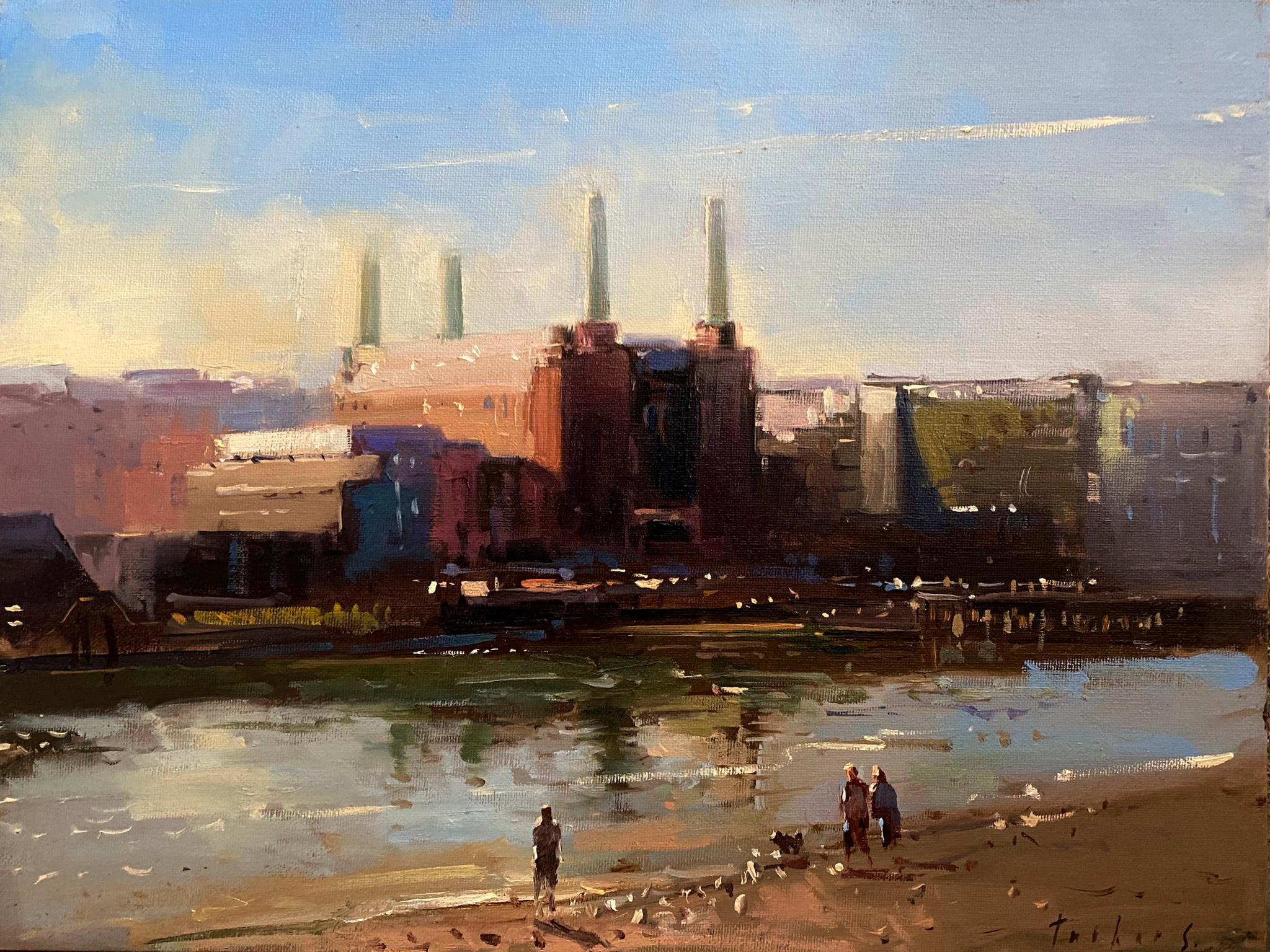 Tushar Sabale - Low Tide at the Battersea Power Station - oil landscape impressionist figurative ...
