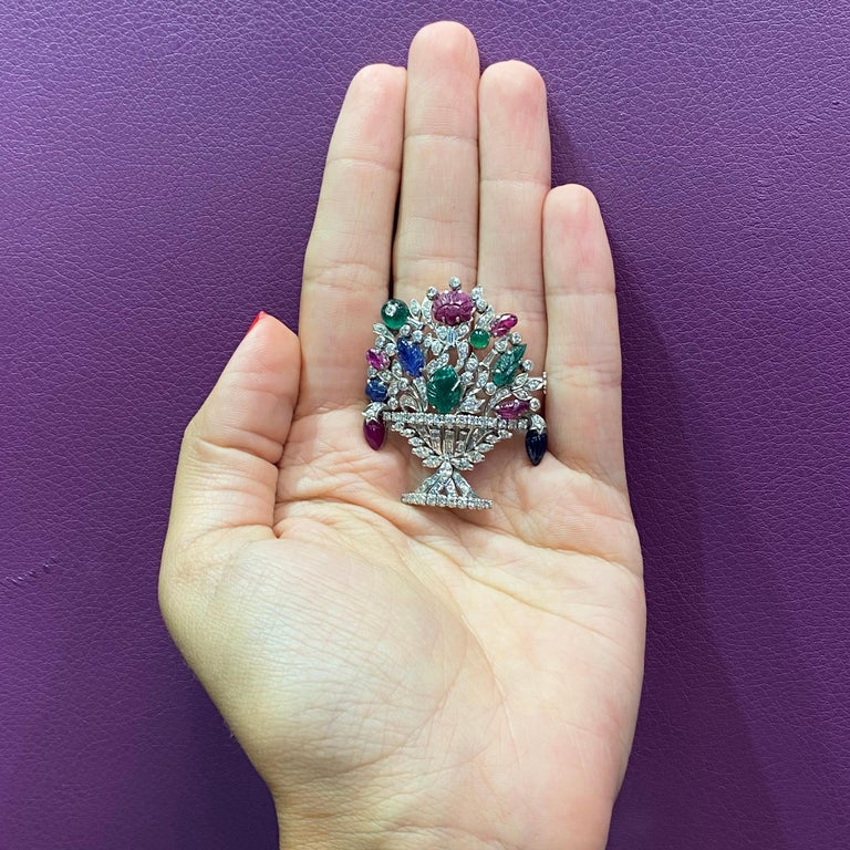 Tutti Frutti Diamond Giardinetto Flower Basket Brooch For Sale at 1stDibs