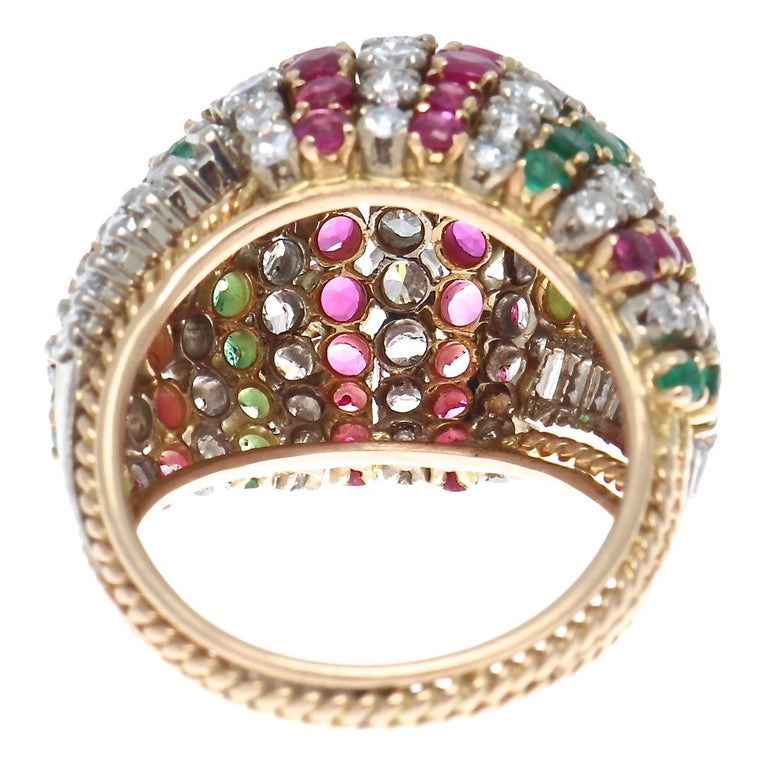 Tutti Frutti Diamond Ruby Emerald Gold Cocktail Ring For Sale at 1stDibs