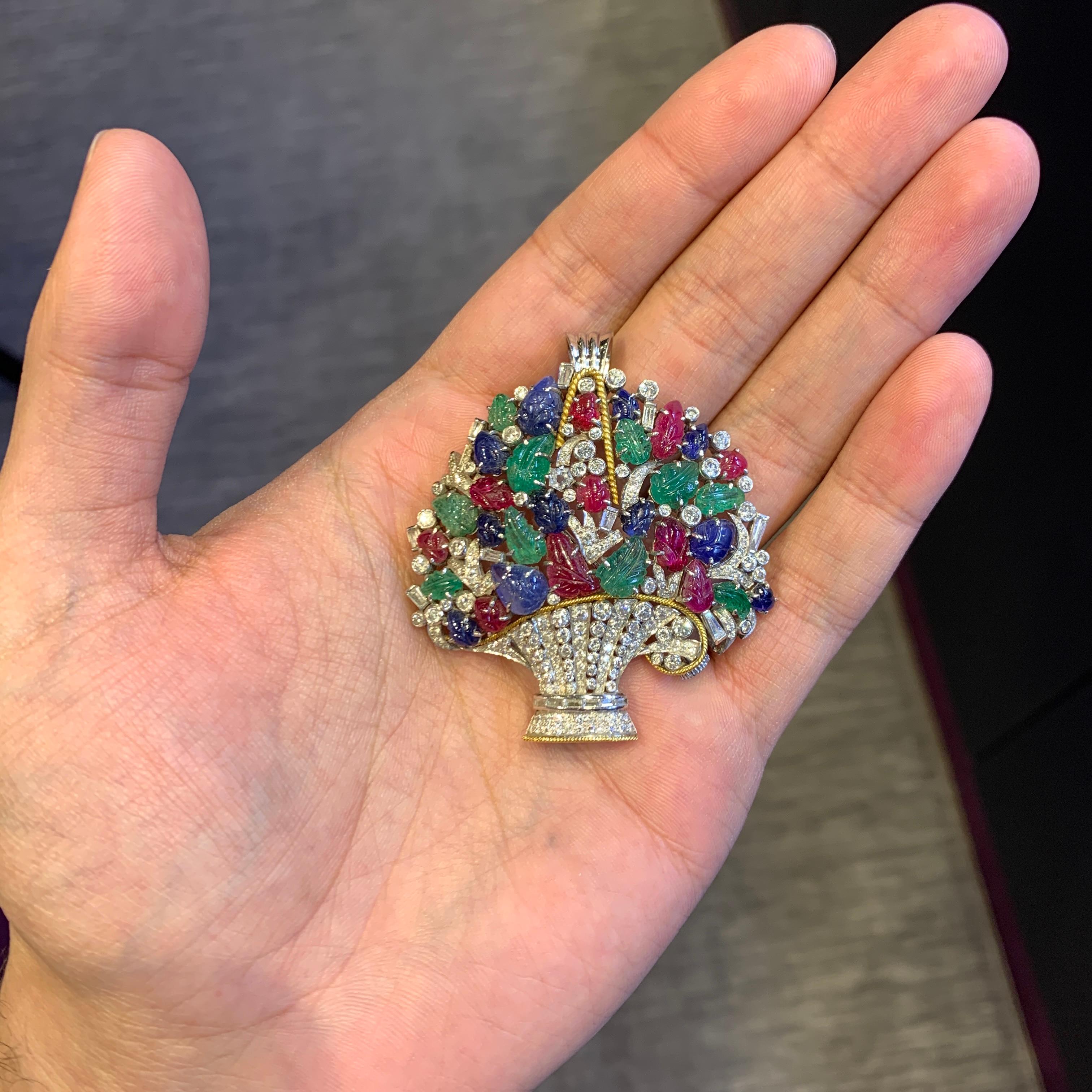 Tutti Frutti Flower Bouquet Pendant Brooch For Sale at 1stDibs