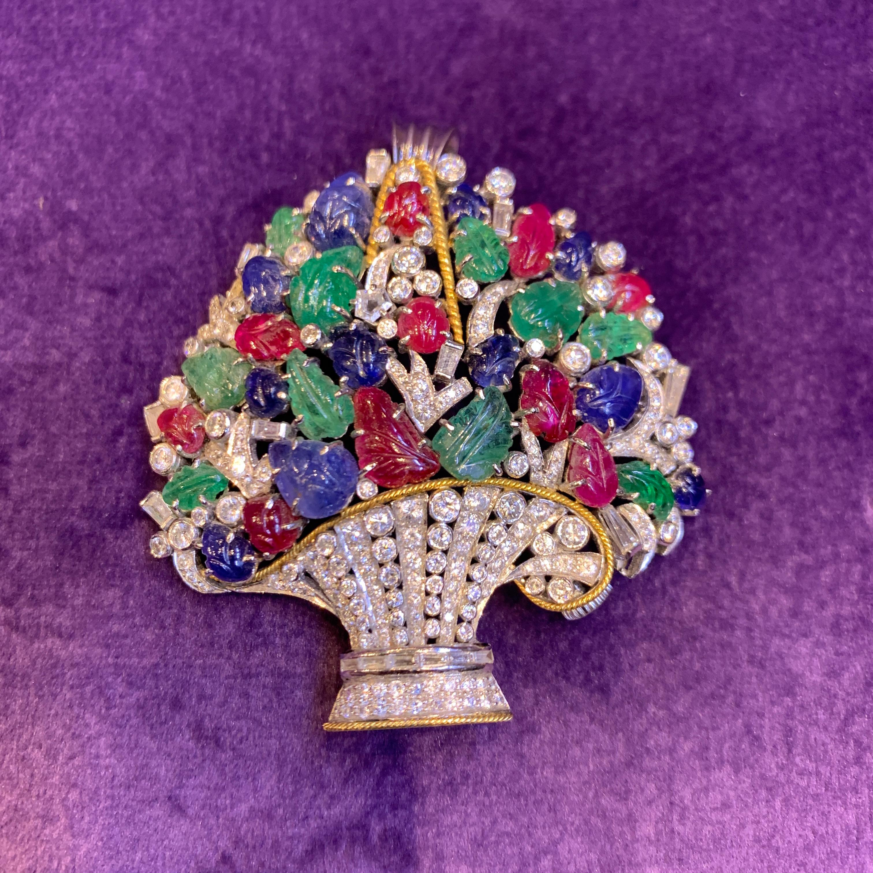 Tutti Frutti Flower Bouquet Pendant Brooch For Sale at 1stDibs