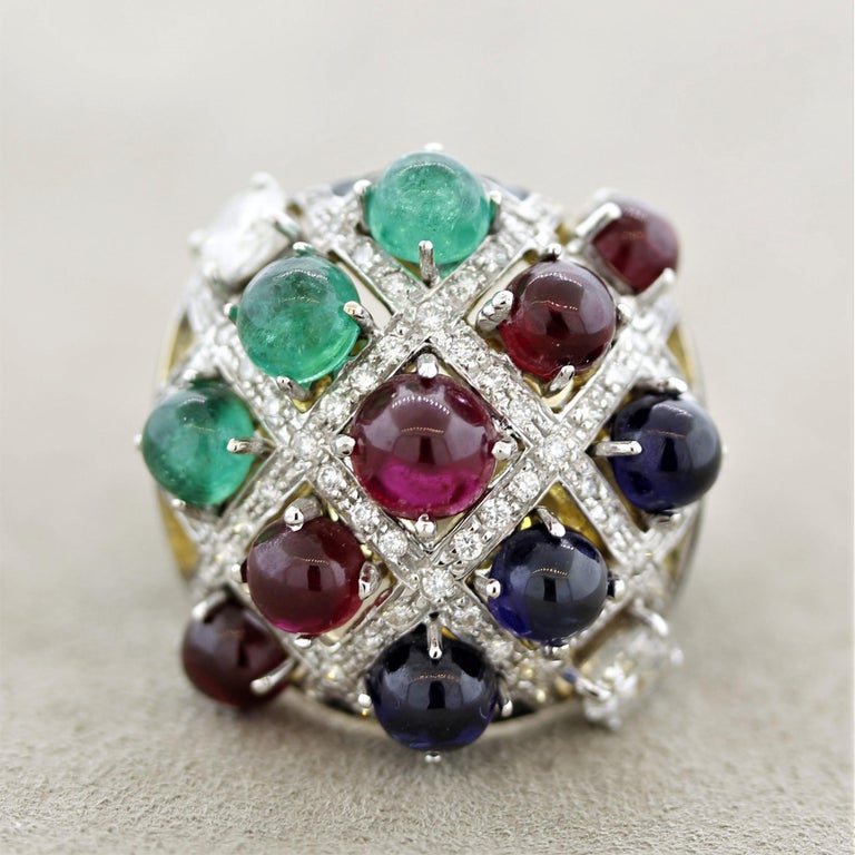 Tutti Frutti Ruby Emerald Sapphire Diamond Gold Cocktail Ring For Sale ...