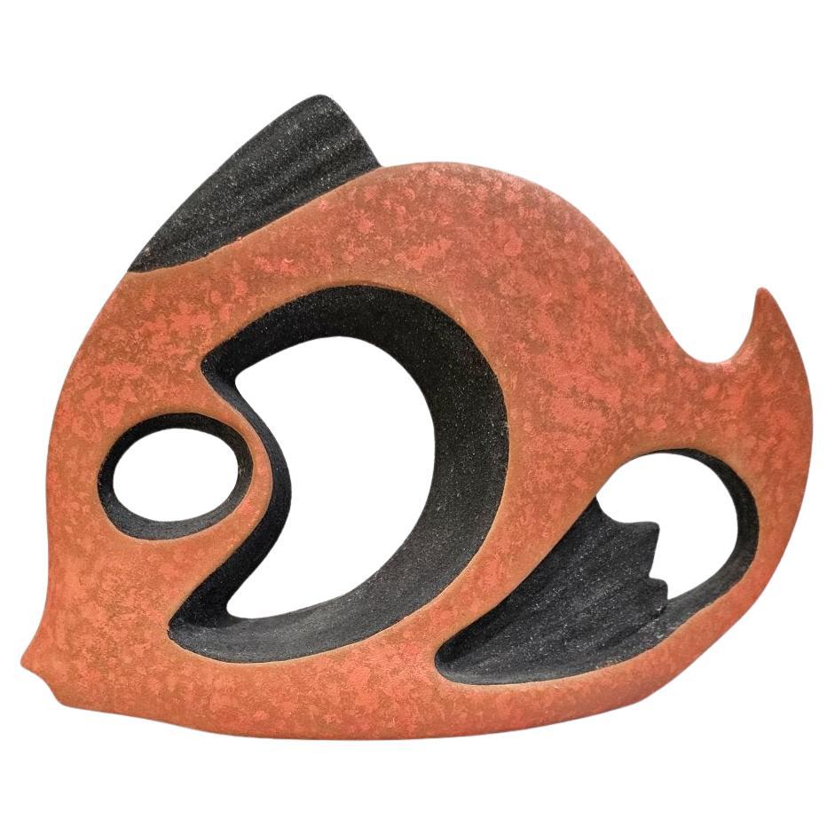 Twelve Inch Orange and Charcoal Signed MCM Fish Sculpture, Memento Mori ...