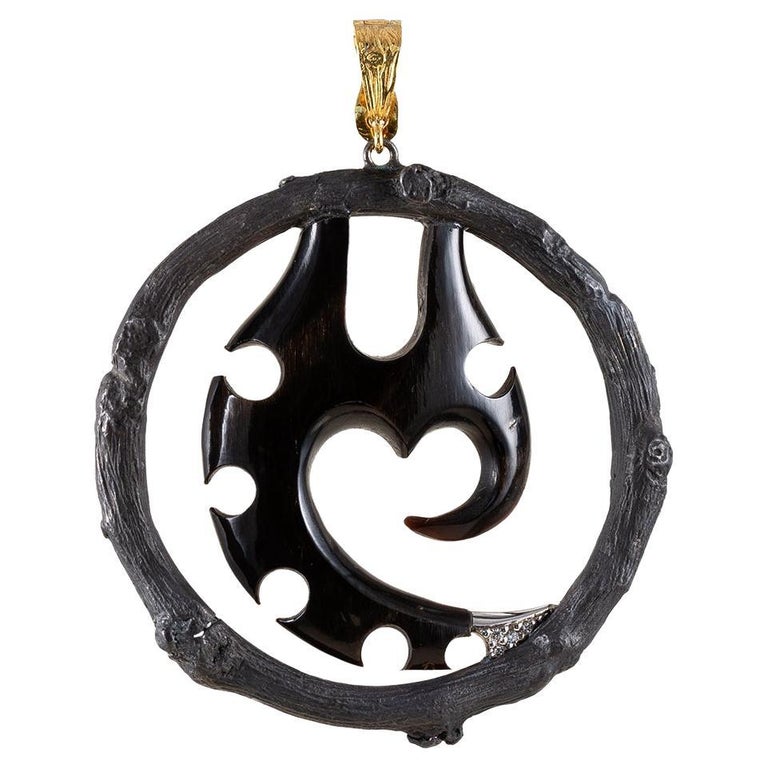 Carved Maori Symbol with Diamonds Pendant For Sale at 1stDibs