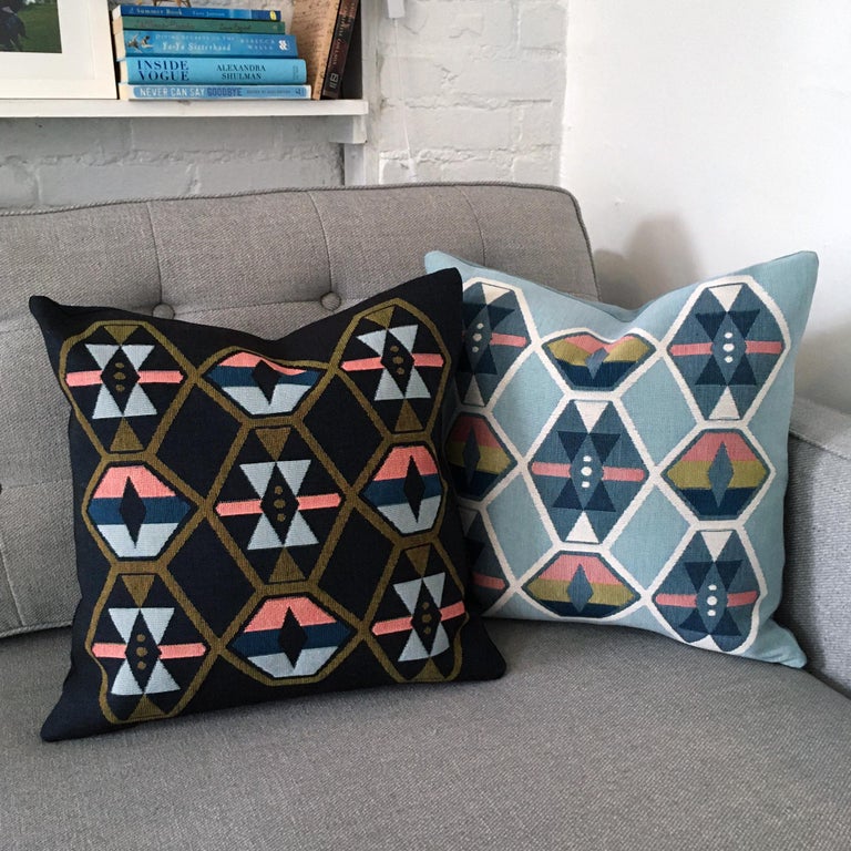 Upholstered Throw Pillow in Twilight Navy Blue Geometric Pattern For ...