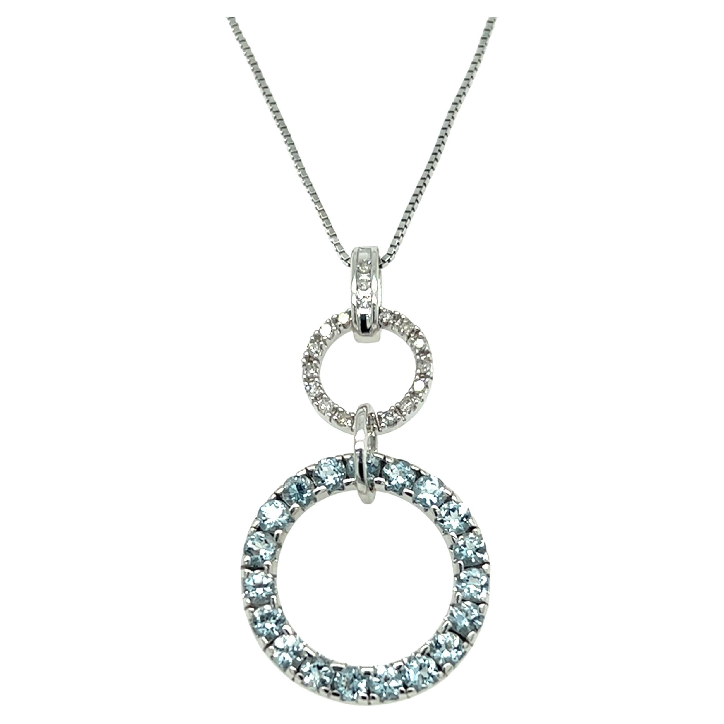 Twin Circle Diamond and Aquamarine Pendant Necklace in 14K Gold For ...