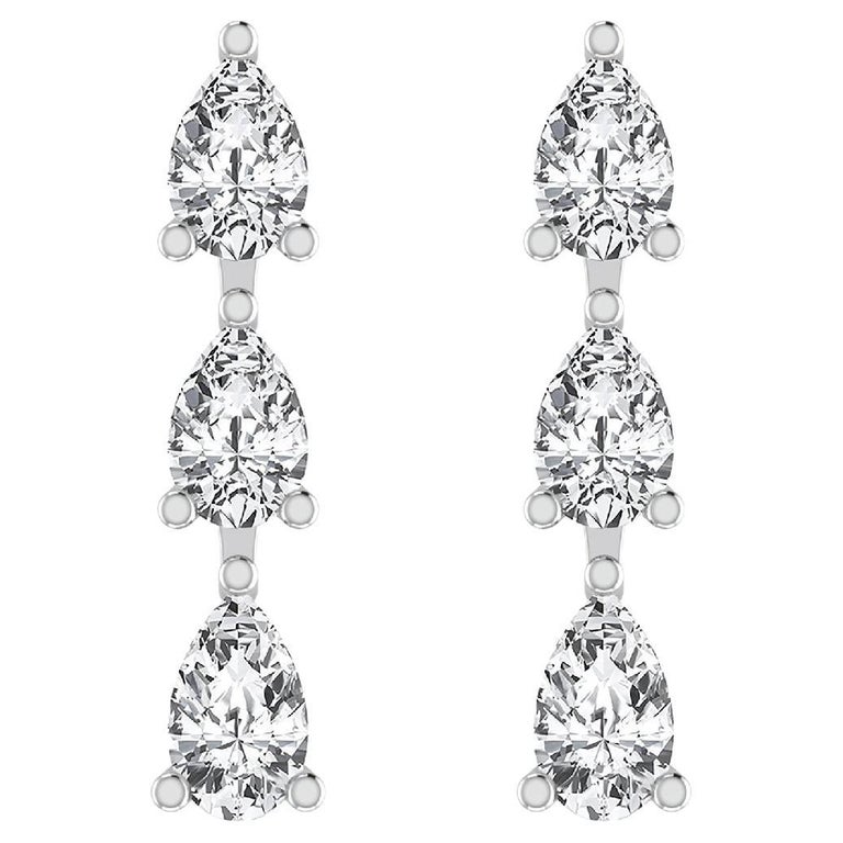 Three Pear Shape Diamond Drop Dangle Earring in 18 Karat White Gold For ...