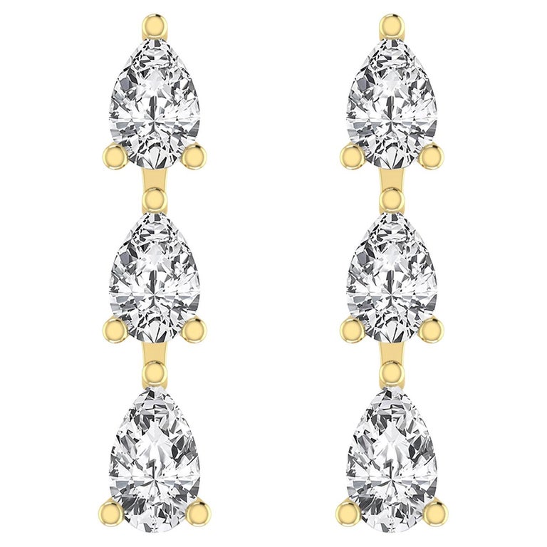 Three Pear Shape Diamond Drop Dangle Earring in 18 Karat Yellow Gold ...