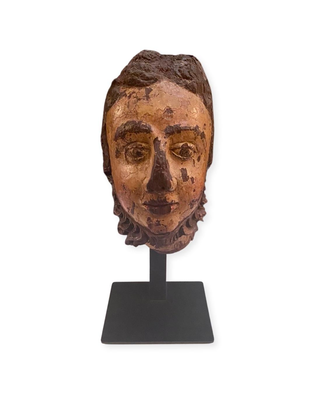 Two 17th-Century European Polychrome Wood Sculptures of the Heads of ...