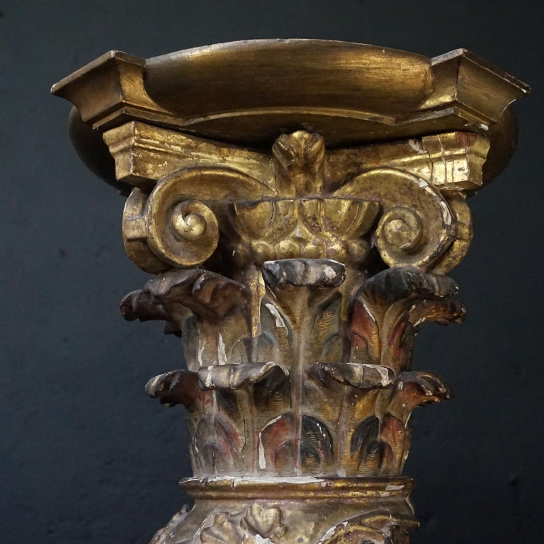 Two 18th Century Italian Baroque Solomonic Gilt Columns with Corinthian ...