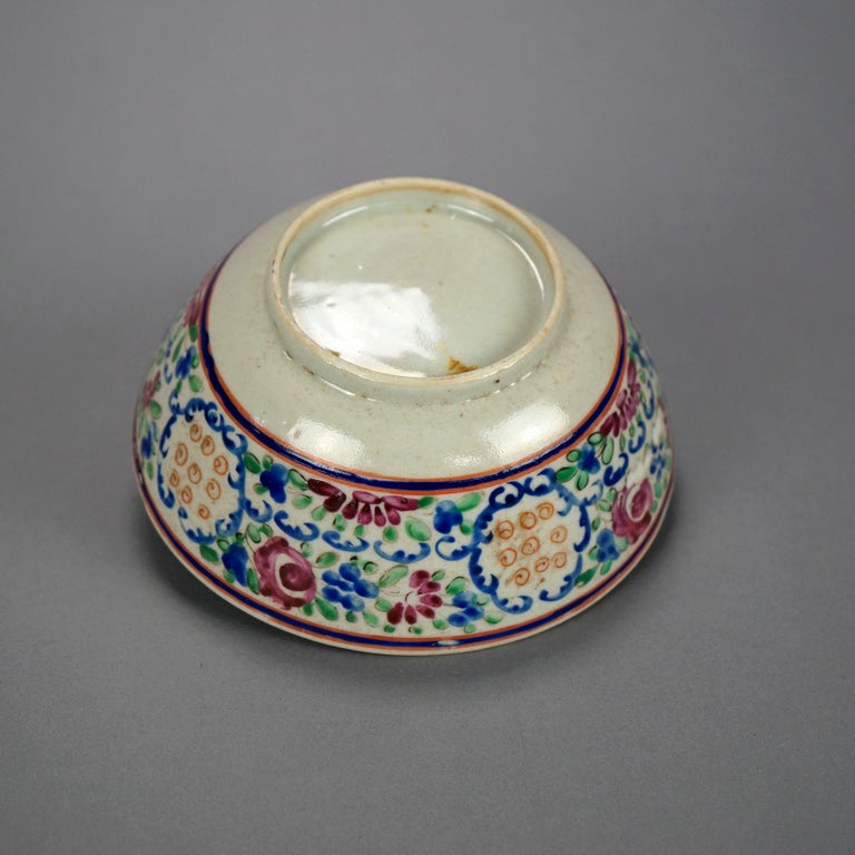 Two Antique Chinese Porcelain Floral Painted Rice Bowls and Hardwood ...