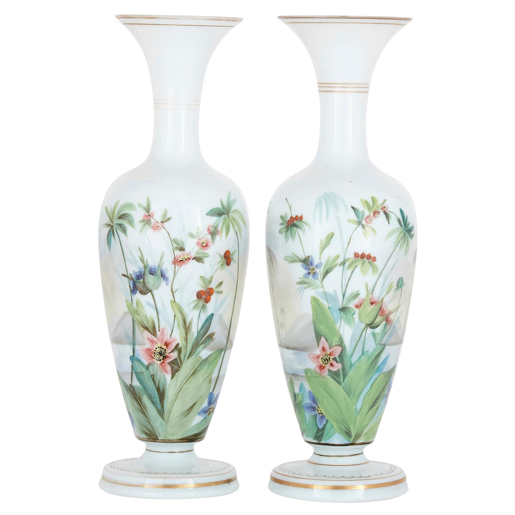 Two Bohemian Opaline Glass Vases with Painted Cherub Scenes For Sale at ...