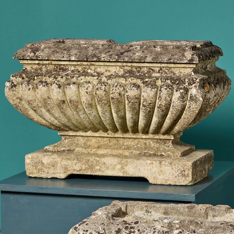 Two Antique Gadrooned Limestone Garden Planters For Sale at 1stDibs