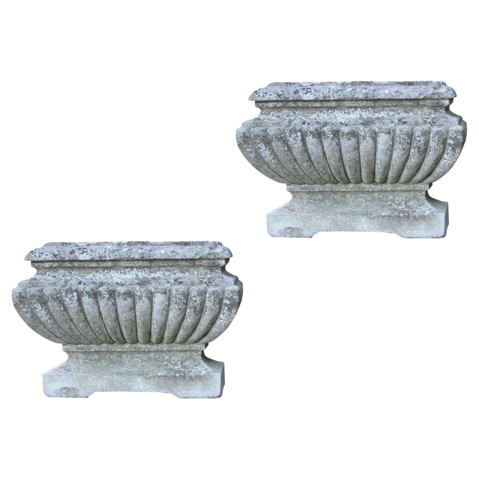 Two Antique Gadrooned Limestone Garden Planters For Sale at 1stDibs