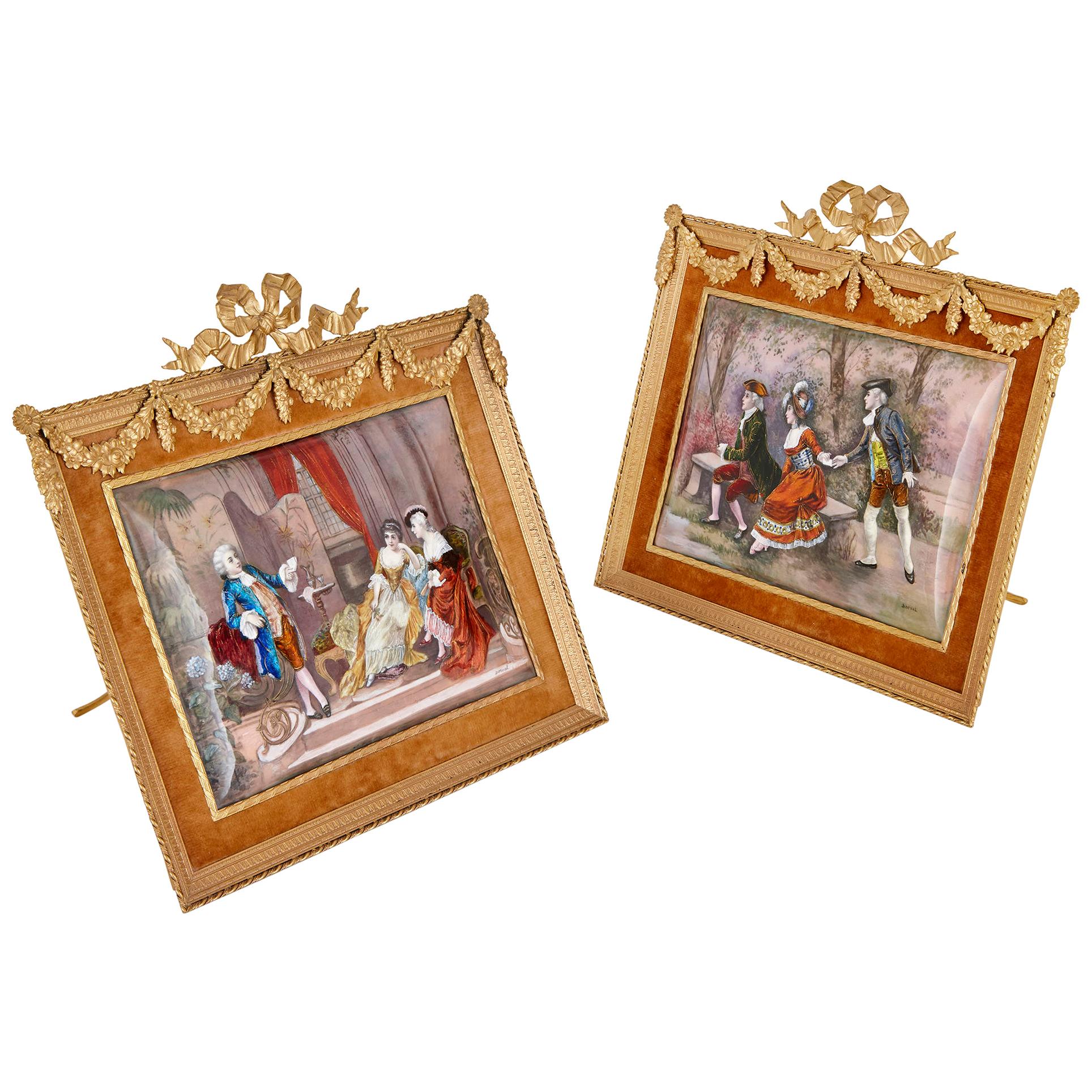 Two antique Limoges enamel paintings in gilt metal frames For Sale at 1stDibs