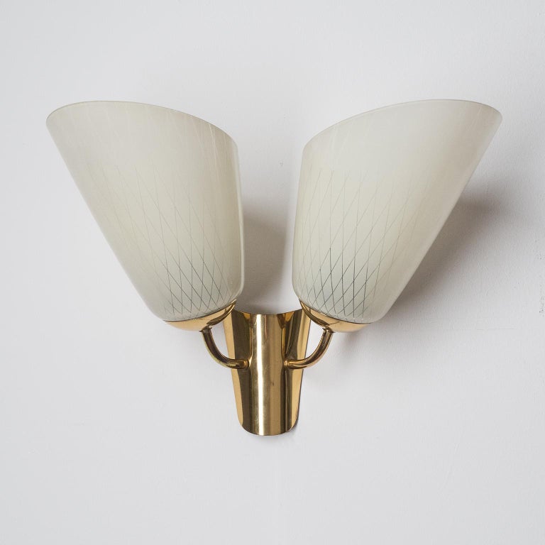 Two-Arm Wall Lamp, 1940s, Enameled Glass and Brass For Sale at 1stDibs