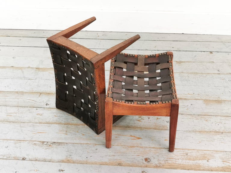 Two Arts and Crafts Arthur Simpson of Kendal Oak and Leather Stools For ...