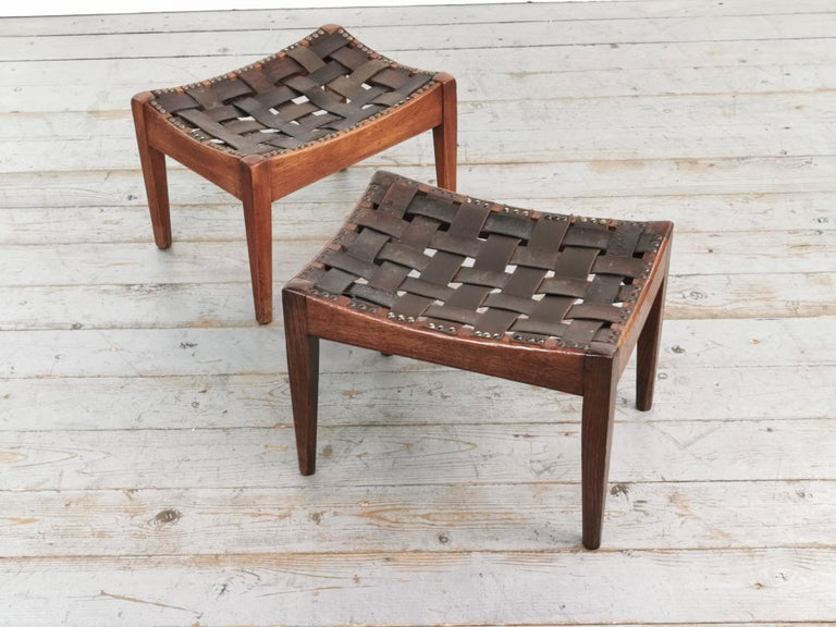 Two Arts and Crafts Arthur Simpson of Kendal Oak and Leather Stools For ...